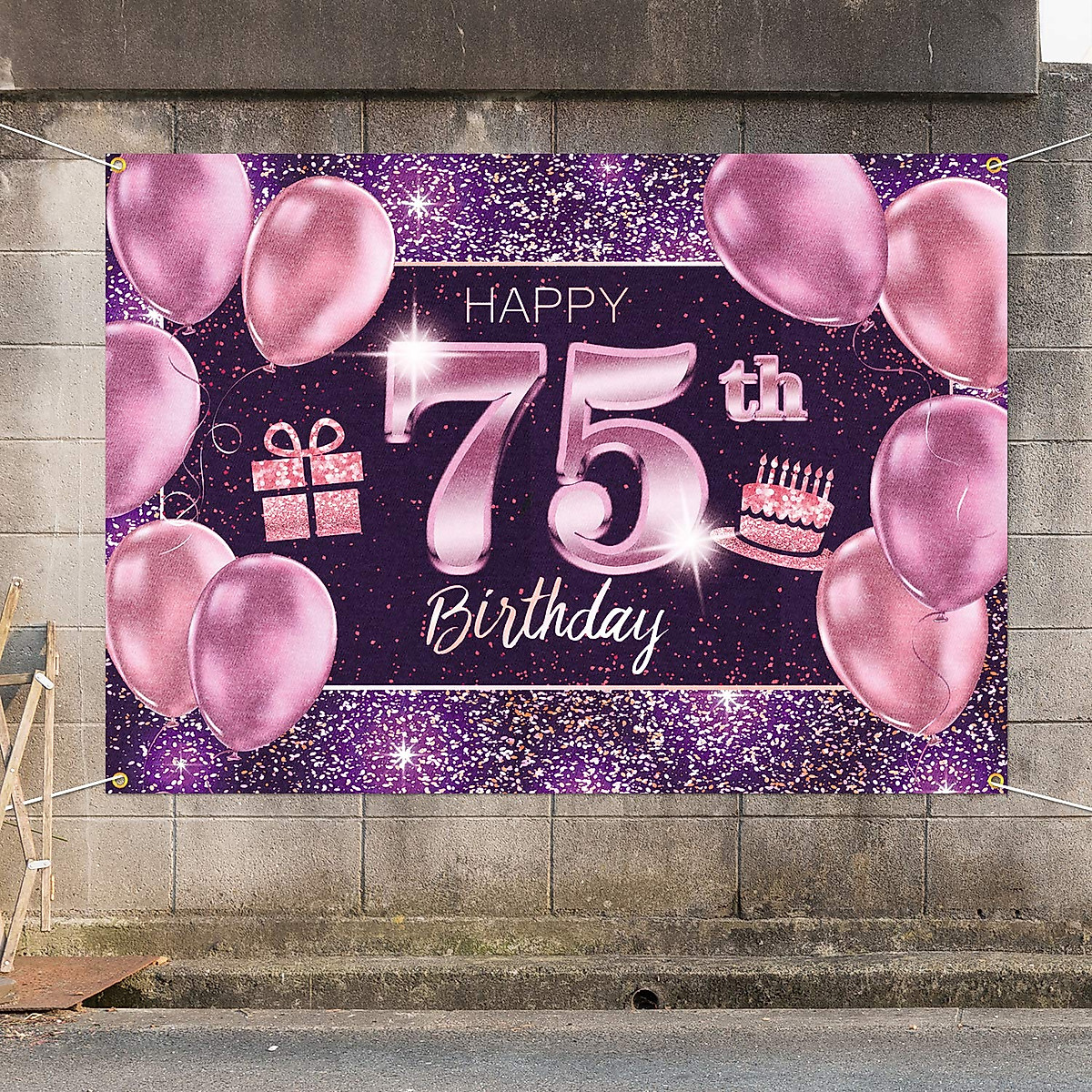 PAKBOOM Happy 75th Birthday Banner Backdrop - 75 Birthday Party Decorations Supplies for Women - Pink Purple Gold 4 x 6ft