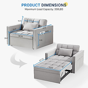 Avenco Sleeper Sofa Chair Bed, 3 in 1 Sofa Bed with 3-Level Adjustable Backrest, Convertible Pullout Sleeper Couch Chair, Wear-Proof Velvet Fabric Sofa Bed for Living Room, Bedroom, Grey