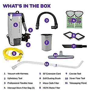 ProTeam Super Coach Pro 10 Backpack Vacuum Commercial with Telescoping Wand Tool Kit, 10 Quart, Corded, 107303