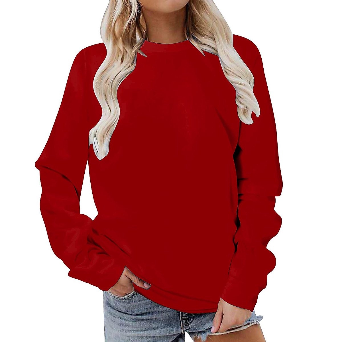 deals of the day lightning deals today prime Women’s Long Sleeve Sweatshirts Trendy Solid Crewneck Casual Shirts Loose Fit Plus Size Pullover Fall Tops Blouse Wine XXL