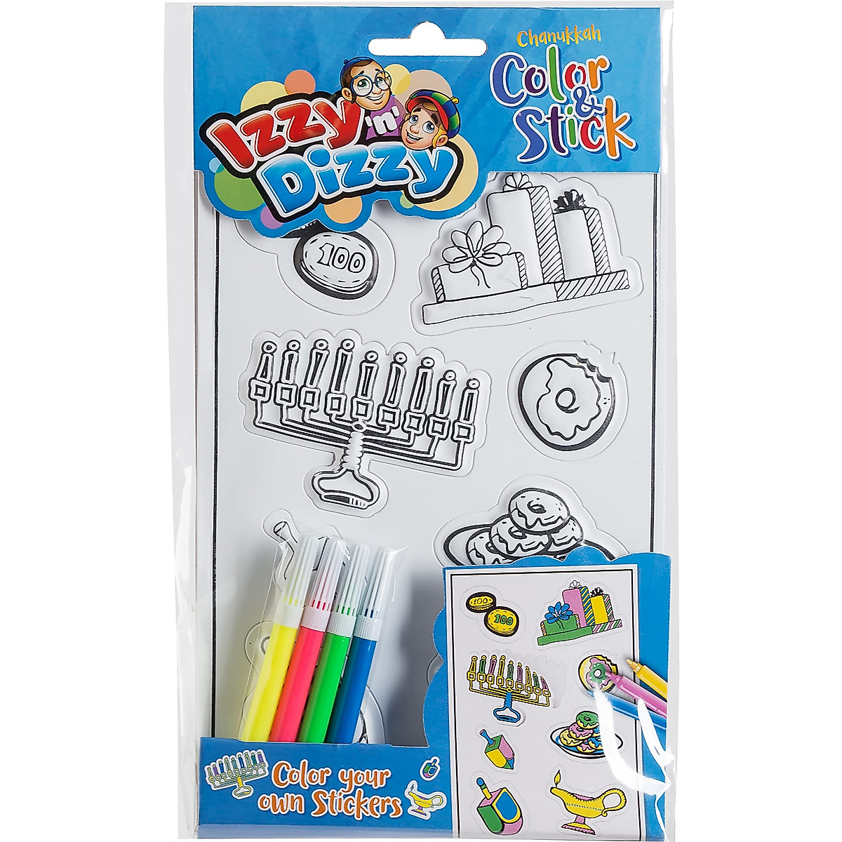 Hanukkah Color and Stick - Color Your Own Stickers - Includes 4 Markers - Hanukah Arts and Crafts - Gifts and Games - Izzy 'n' Dizzy