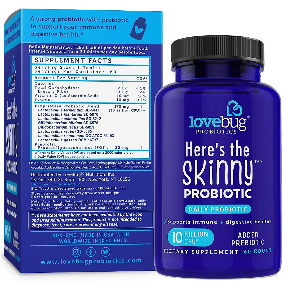 lovebug PROBIOTICS Here’s The Skinny Daily Probiotic for Men & Women, 60 Tablets