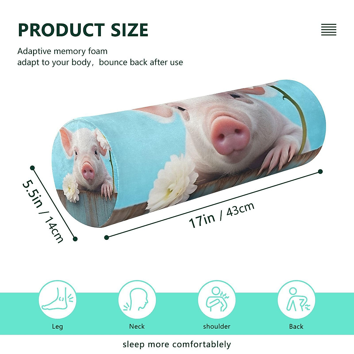 Cute Baby Pig Neck Roll Pillow for Neck Relief with Removable Washable Cover - Memory Foam Round Cylinder Bolster, Ergonomically Designed for Head, Neck, Back, and Legs