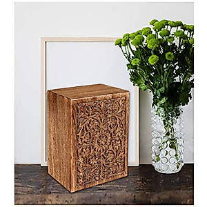 Funeral Cremation Urn Ashes with Beautiful Handmade Carving in Centre- X Large Natural,Urns for Human Ashes Adult Wooden,Wooden Urn with Hand-Made Design for Human Ashes, Wooden Urns Hand-Crafted