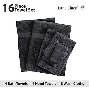LANE LINEN 16 Piece Bath towels - Black Towels - 100% Cotton Towels for Bathroom, Luxury Bath Towels, Highly Absorbent Bathroom Towel Set, 4 Bath Towels, 4 Hand Towels, 8 Wash cloths - Black