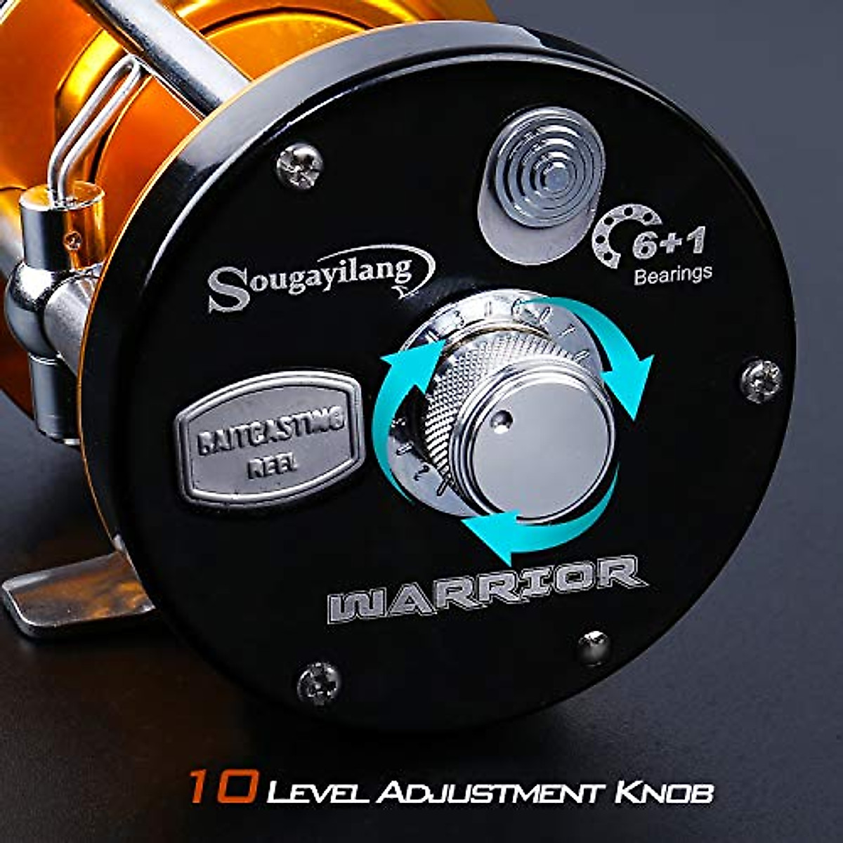 Sougayilang Fishing reels Round Baitcasting Reel - Conventional Reel - Reinforced Metal Body & Supreme Star Drag-Right Hand-Golden-Black-Warrior 4000