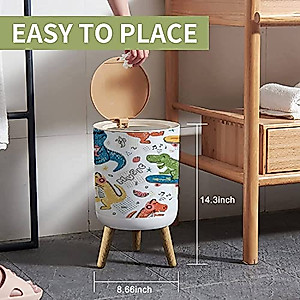 Small Trash Can with Lid Music Lover Dinosaur Seamless for Kids Fashion Childish with Cute Wood Legs Press Cover Garbage Bin Round Waste Bin Wastebasket for Kitchen Bathroom Office 7L/1.8 Gallon