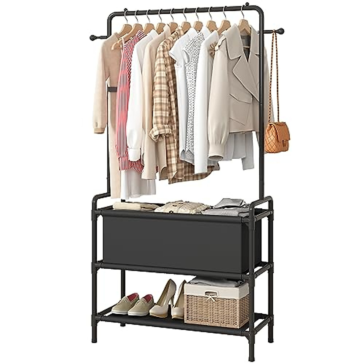 Calmootey Clothing Rack with Storage Bag,Non-woven Shelves for Shoes,Multi-Functional Garment Rack for Bedroom,Hallway,Black