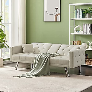 Verfur Linen Upholstered Futon Bed with 2 Cup Holders,Button Tufted Convertible Folding Loveseat, Small Lounger Sofa & Couch for Compact Living Spaces,Apartment, 75.59", Beige