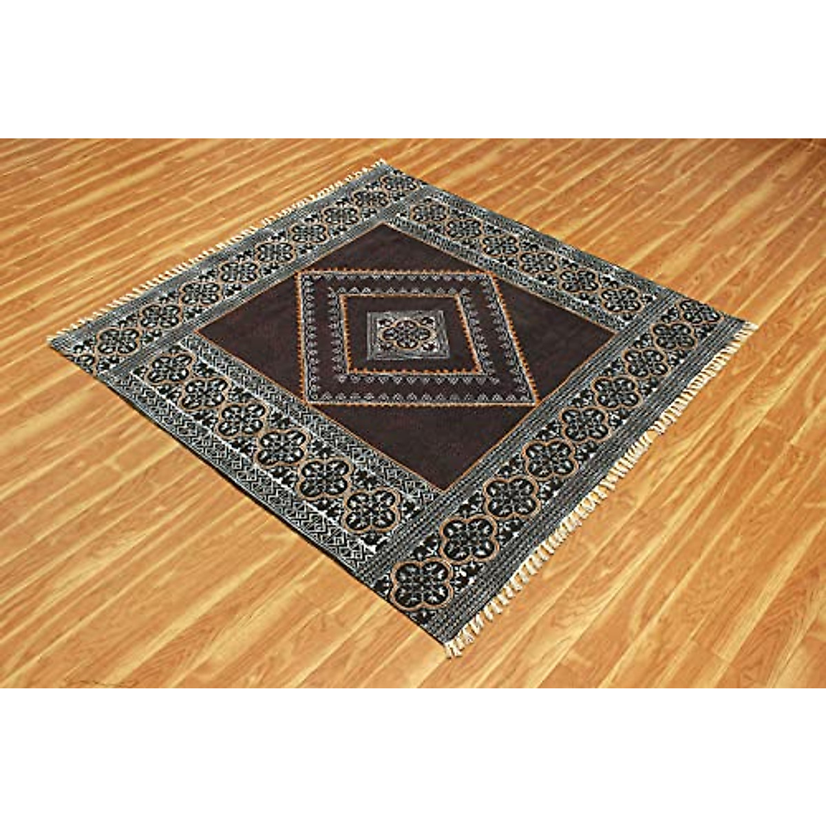 Casavani Hand Block Printed Cotton Carpet Geometric Brown Area Dhurrie Best Uses For Home/Office 5x8 Feet Rugs for Bedroom,Living Room,Kids Room,Hallway Enterway,Kitchen 8x11 Feet