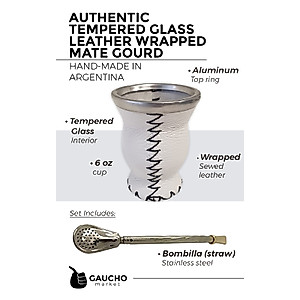 GAUCHO-MARKET New [NEW] Yerba Mate Cup Set. Authentic Leather-Wrapped Glass with Aluminum Top Ring. Includes a Bombilla (straw) (White)
