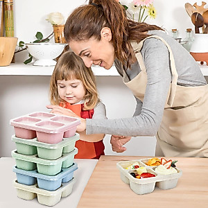 Korlon 6 Pack Snack Containers, 4 Compartments Snack Boxes for Kids, Wheat Straw Meal Prep Reusable Food Storage Lunch Containers for Adults & Kids