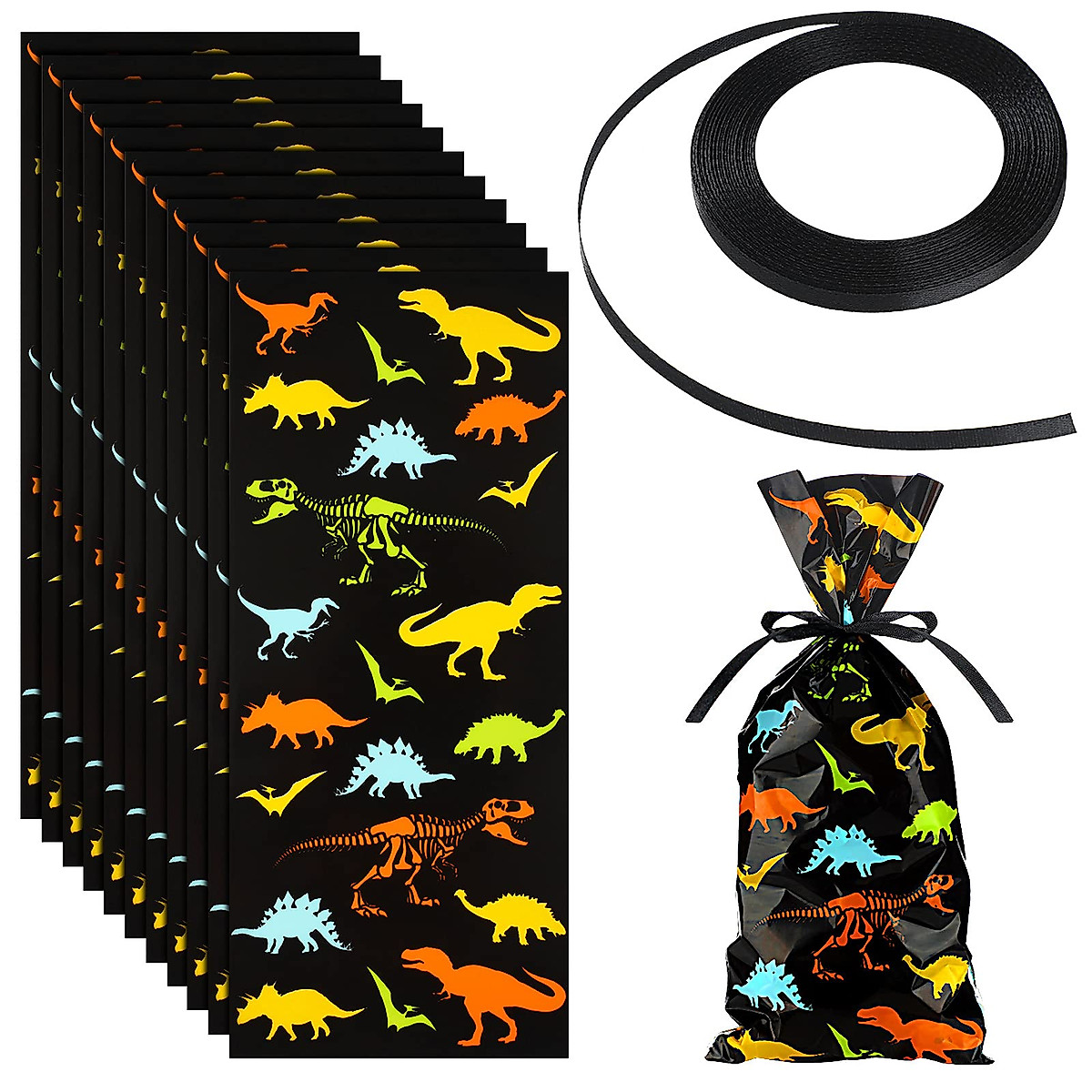 Outus 100 Pieces Dinosaur Cellophane Bags Clear Dinosaur Skeleton Bags Party Favors Bags with A Roll of Ribbon for Chocolate Candy Snacks Cookies Dinosaur Themed Party Supplies (Multi Colors)
