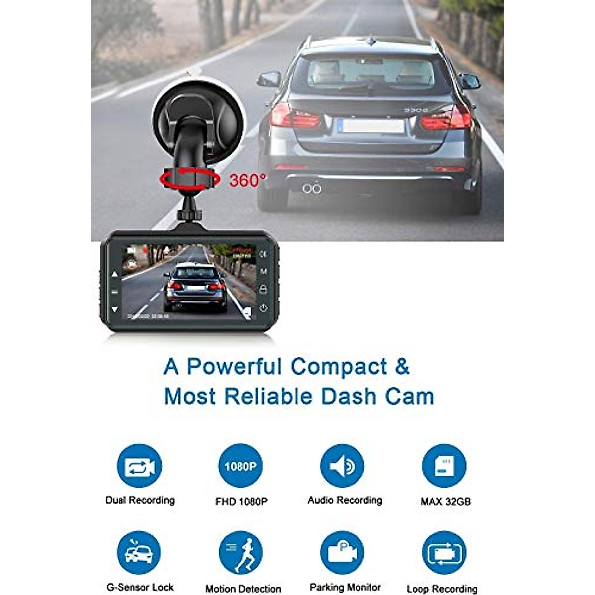 Dash Cam Front and Rear CHORTAU Dual Dash Cam 3 inch Dashboard Camera Full HD 170° Wide Angle Backup Camera with Night Vision WDR G-Sensor Parking Monitor Loop Recording Motion Detection