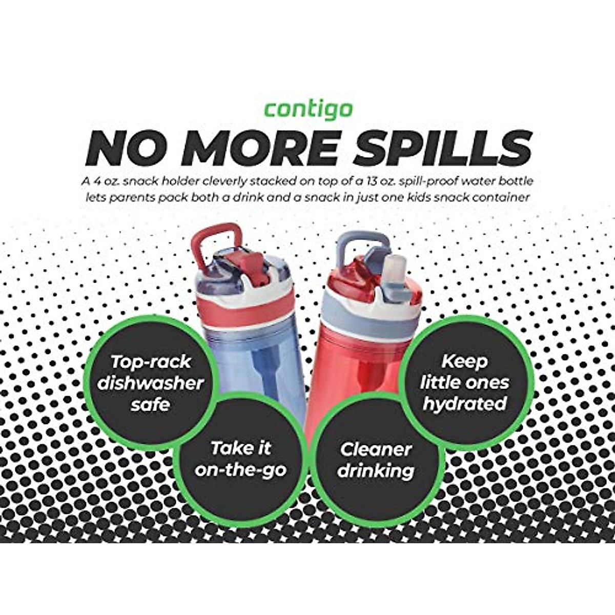 Contigo Snack Hero Water Bottle Set, 2-in-1 Water Bottle with 4oz Snack Compartment & 13oz Spill-Proof Water Bottle - Red & Blue