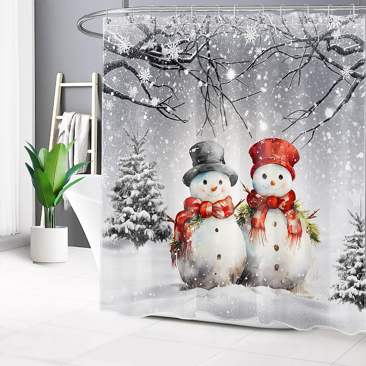 LB Christmas Snowman Shower Curtain Winter Scene Cute Snowman with Pine Tree Covered Snow Bathroom Shower Curtain Snowflake Bathroom Decor with Hooks 72Lx72W Inch Waterproof Polyester Bath Curtain