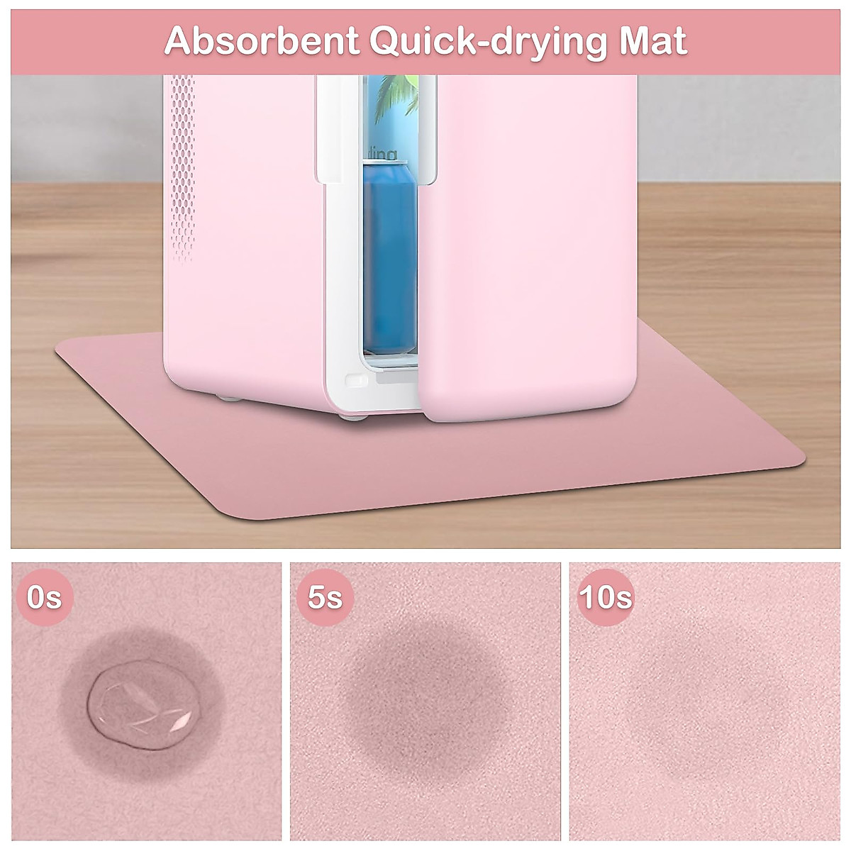 SUNICO Portable Mini Fridge Mat, 14x10 in Retro Compact Refrigerator Mat, Diatomite Quick Drying Mat, Non-slip Skincare Fridge Pad for Bedroom, Office, Countertop, Easy to Clean, Pink
