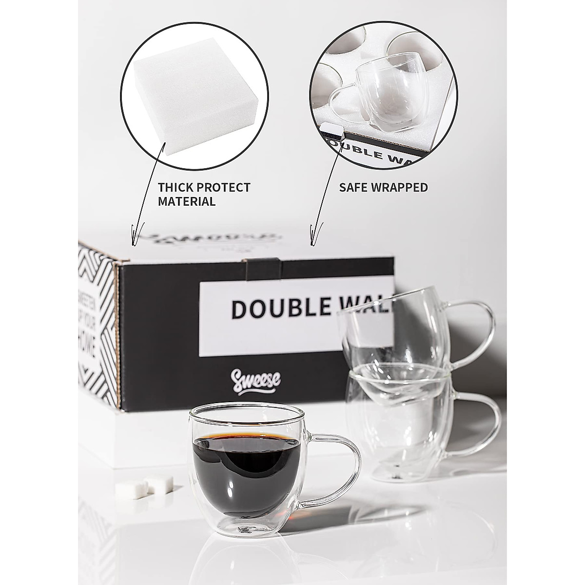 Sweese 12.5oz Double Wall Glass Coffee Mugs + 8 oz Double Wall Glass Coffee Cups