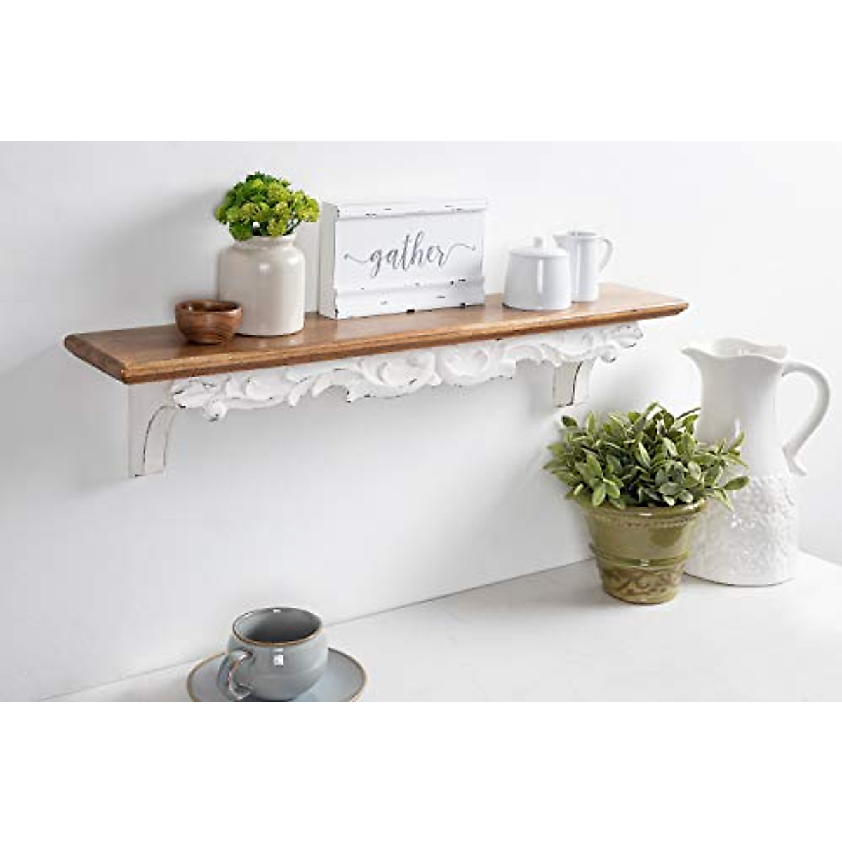 Kate and Laurel Abberly Farmhouse Wall Shelf, 28 x 5 x 6.5, Rustic Brown and White, Rustic Floating Shelf for Wall
