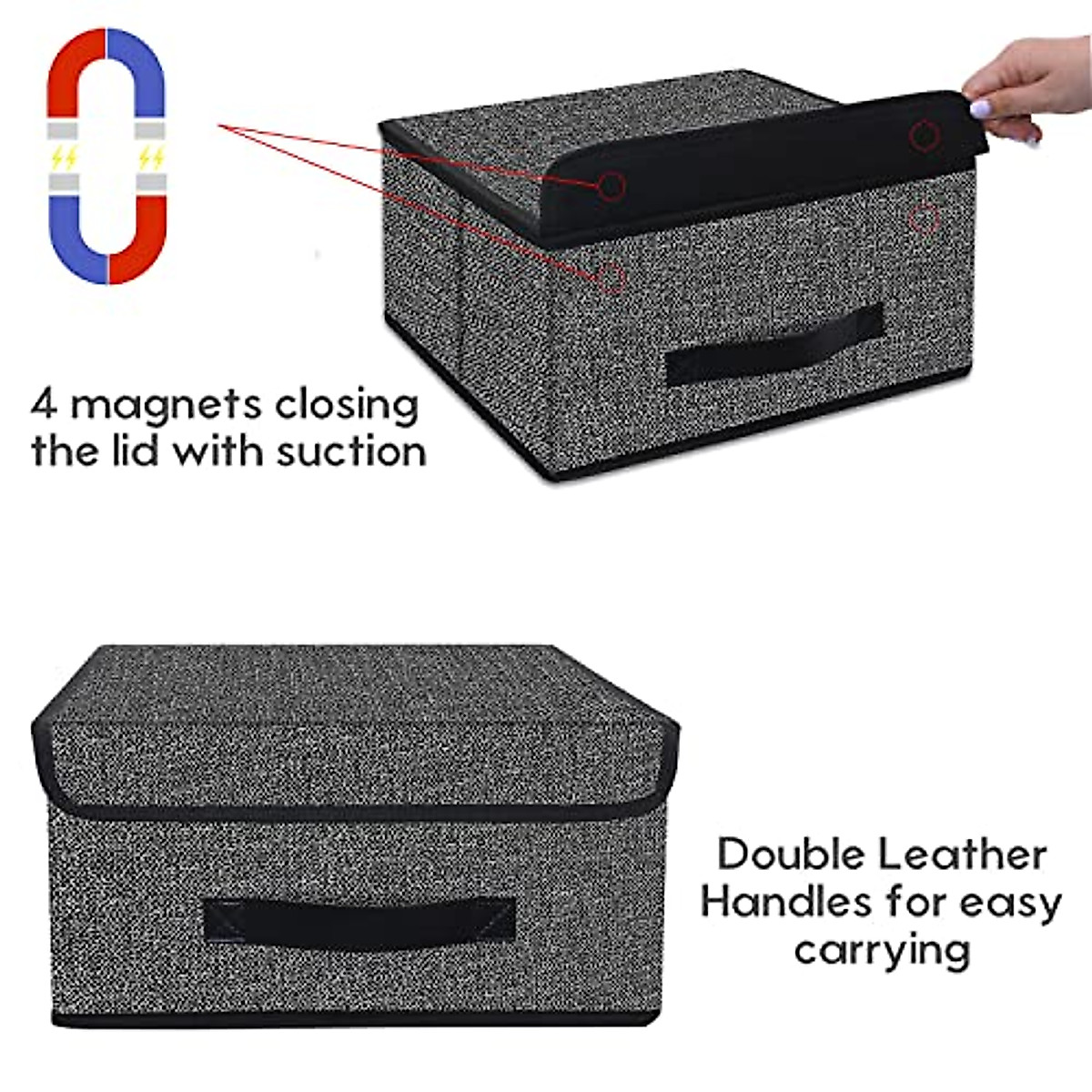 Onlyeasy Foldable Storage Bins Cubes Boxes with Lid - Storage Box Cube Cubby Basket Closet Organizer Pack of Two with Leather Handles for Closet Bedroom, 13"x13", Black, 8MXALB2P