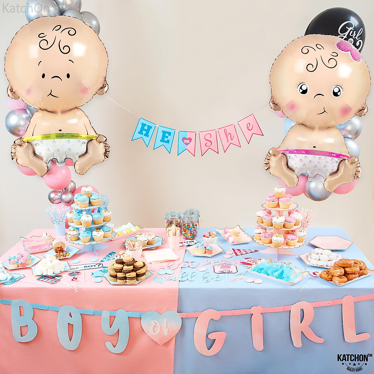KatchOn, Baby Gender Reveal Balloons Set - 32 Inch, Pack of 2 | Baby Balloons, Gender Reveal Decorations | Baby Boy Balloons and Baby Girl Balloons, Twin Baby Shower Decorations | Boy Or Girl Balloon