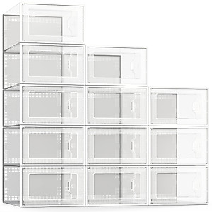 SEE SPRING Large 12 Pack Shoe Storage Box, Clear Plastic Stackable Shoe Organizer for Closet, Space Saving Foldable Shoe Rack Sneaker Container Bin Holder