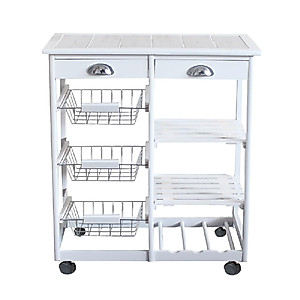 Kitchen Island Cart on Wheels,3 Tiers Rolling Utility Trolley Cart with 2 Drawers,Basket & Storage Shelf,Rolling Kitchen Island,Coffee Bar Microwave Stand Cart with Rolling Wheels for Kitchen(White)