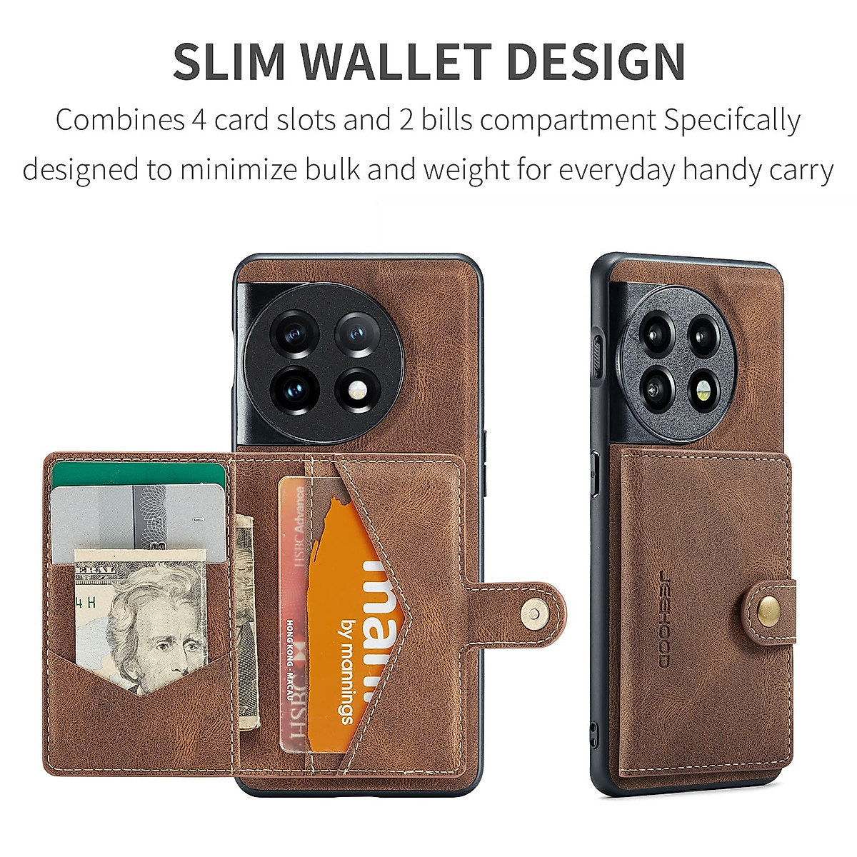 Hongxinyu Case for OnePlus 11 5G,Detachable Magnetic Basic Case Wallet Card Cash Slot Case Cover Functional Kickstand Compatible with OnePlus 11 5G 2023 (Brown)