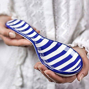 Handmade Dark Navy Blue Stripe Ceramic Kitchen Cooking Spoon Rest | Pottery Utensil Holder | Housewarming Gift by City to Cottage®