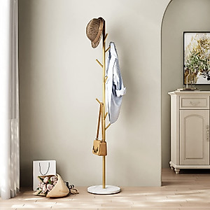 TIEOU Free-standing Coat Rack Gold, Hat Hanger Hall Tree, Metal Coat Hangers for Scarves, Backpacks, Umbrellas, Purses, Simple Coat Stand, Stylish Coat Tree with Stable Round Marble Base, 8 Coat Hooks