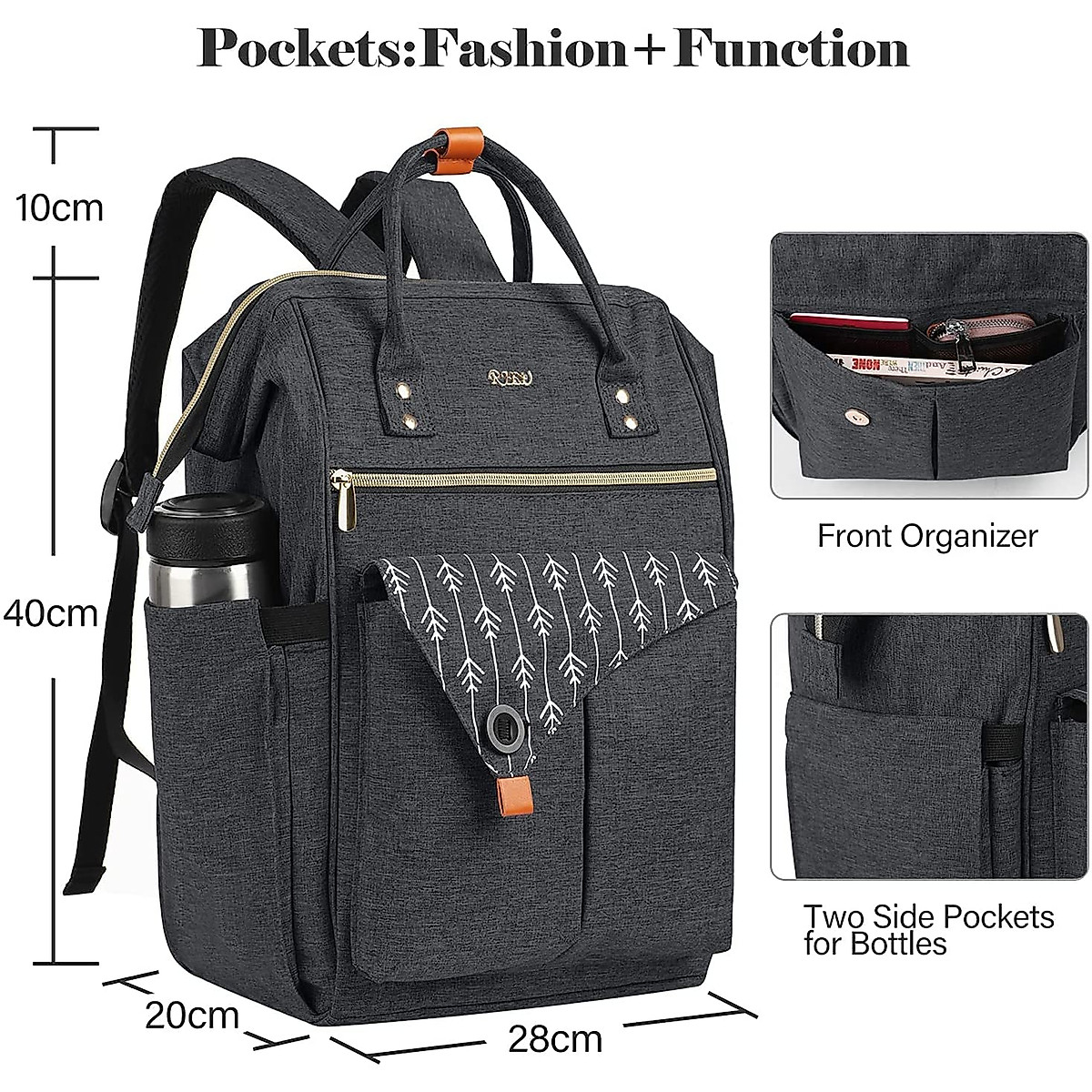 RJEU Backpack for Women, Anti Theft Slim Durable Travel Laptop Backpack with USB Charging Port, Water Resistant College School Backpack Fits 15.6 Inch Notebook, Black