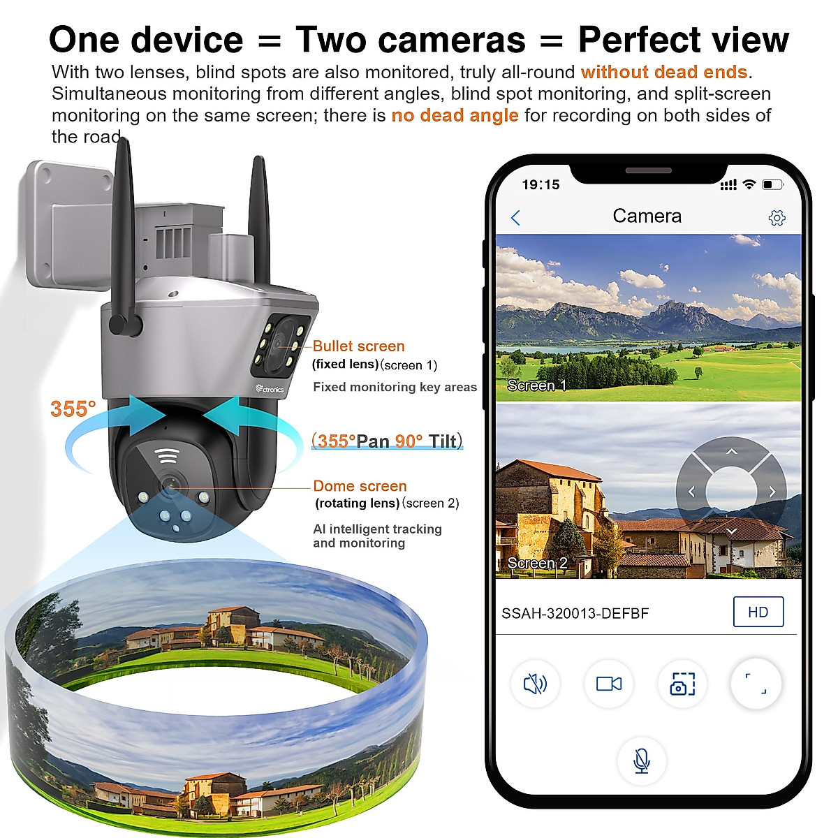 【Dual Lens Linkage】Ctronics Security Camera Outdoor, 2,4/5GHz WiFi Wired PTZ Dual Screen Camera 1080P with Auto Tracking Human Detection 30m Color Night Vision Two-Way Audio IP66