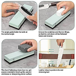 knife sharpening Stone kit, sharpening stone 4 Side Grit 400/1000 3000/8000 Waterstone, Includes Leather Strop, Bamboo Base, Flattening Stone, Slip Rubber Bases, and Angle Guide