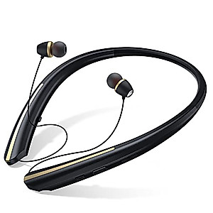 Bluetooth Headphones Retractable, Neckband Earbuds Wireless Headset Sports Noise Cancelling Stereo Earphones with Microphone Compatible with iPhone, Smart Phone, Android, Samsung, iPad (Black Gold)