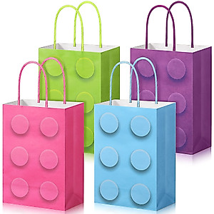 Perkoop 24 Pieces Building Block Party Favor Bags, Bricks Candy Treat Paper Bags, Party Gift Goodie Bags with Handle for Girls Building Block Birthday Party Baby Shower Decoration Supplies