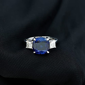 Rosec Jewels Certified Lab Grown Blue Sapphire 10mm Cushion Cut Engagement Ring with Moissanite, AAAA Quality, Past Present Future Ring, 14K White Gold, Size:US 7.00