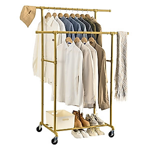 FOUCSSOMEI Heavy Duty Clothes Rack, Rolling Clothes Rack, Clothing Rack with Wheels,Clothing Hanger Organizer, Double Rod, Max 400Lbs, for Closet Bedroom Yard Sale, Commercial Grade, Gold