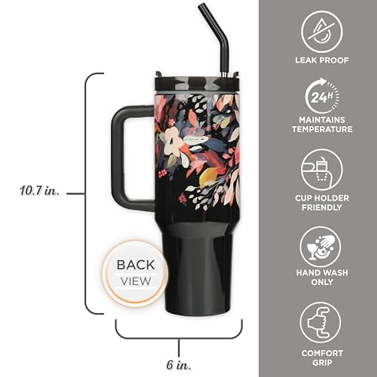 Christian Art Gifts Extra Large Stainless Steel Double Wall Vacuum Insulated Travel Tumbler for Women: Hope & Future Inspirational Scripture, Lid, Straw, Sturdy Handle, Black Multicolor Floral, 40 oz.