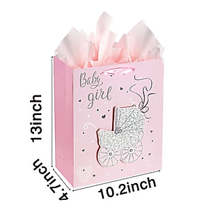 12.6" Large Baby Shower Birthday Gift Bags for Girl with Tissue Papers 2-Pack (Pink)