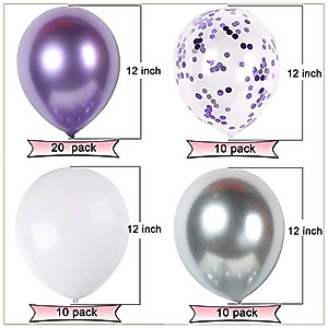 Purple, silver metal balloons and white balloons with purple confetti balloons, each pack of 50 12-inch party balloons birthday, wedding party decoration.