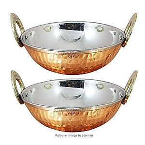 Nexxa -Set of 4, Indian Copper Serveware Karahi Vegetable Dinner Bowl with Handle for Indian Food, Diameter 13 Cm Approx