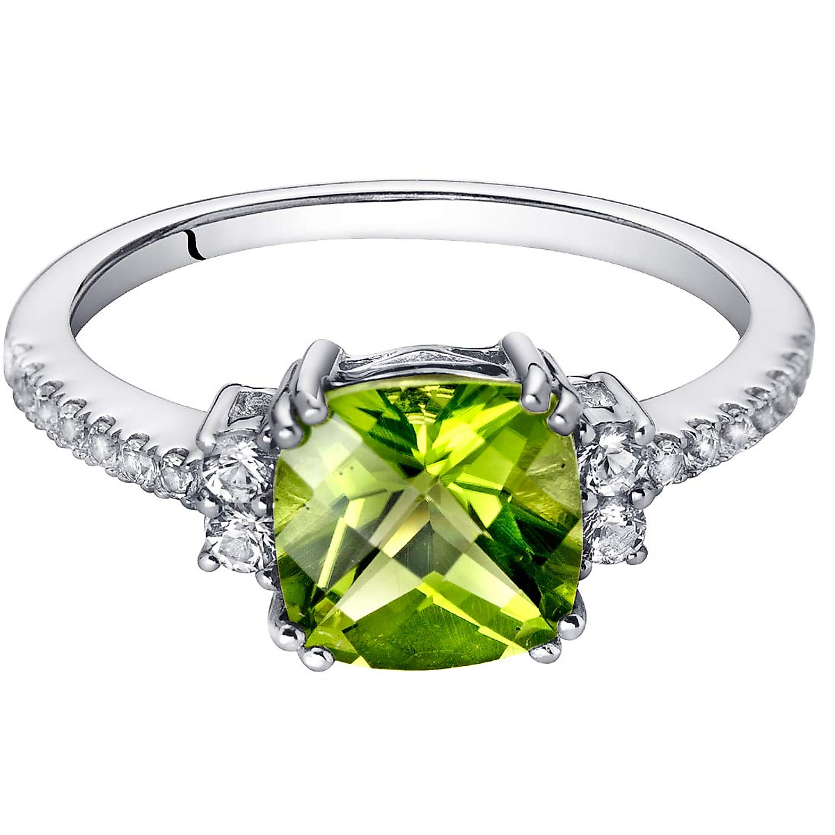 PEORA Peridot Ring for Women in 14K White Gold with White Topaz, Natural Gemstone Birthstone, Designer 2.53 Carats total, 8mm Cushion Cut, Comfort Fit, Size 5