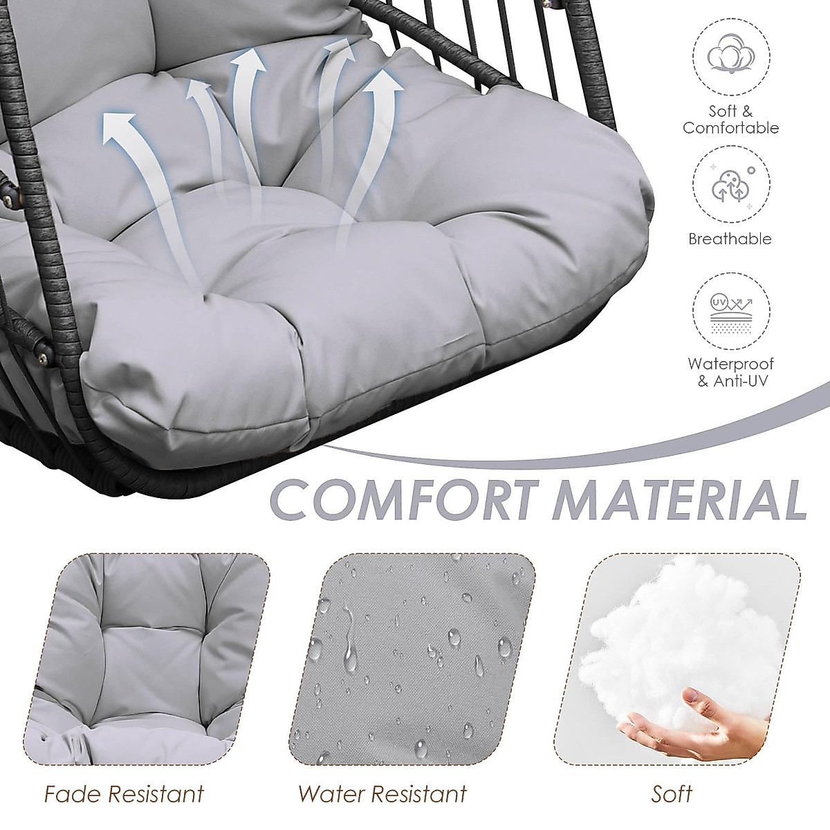 NICESOUL® Indoor Outdoor Patio Wicker Hanging Egg Chair Swing Hammock Egg Chairs UV Resistant Cushions 350lbs Capaticy for Patio Bedroom Balcony (Grey)