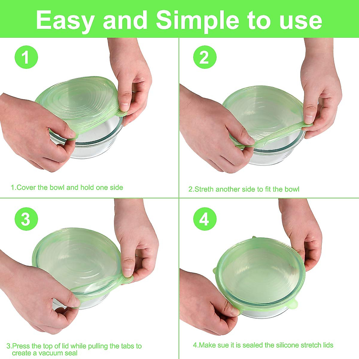 ONEGOL Silicone Stretch Lids, 12 Pcs Silicone Lids, 6 Sizes BPA-free Silicone Bowl Covers Reusable for Cups, Bowls and Dish, Flexible, Round and Rectangle Fit 2.8” - 8.2” Container, Green & Blue