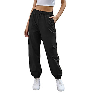 SweatyRocks Women's Casual Elastic Waist Jogger Workout Cargo Pants with Pockets Pure Black XS