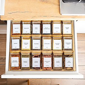 Laramaid 7oz 12Packs Glass Jars Set with 208 Minimalist Spice Labels, Square Spice Jars with Bamboo Lids and White Vinyl Customized Sticker Labels, Food Storage Container Canisters