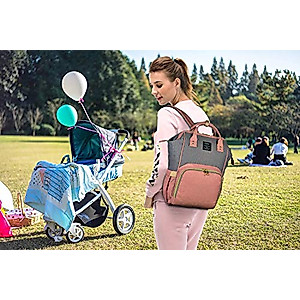 QIMIAOBABY Diaper Bag Backpack,Waterproof Multifunctional Large Travel Nappy Changing Bags… (Pink with gray)