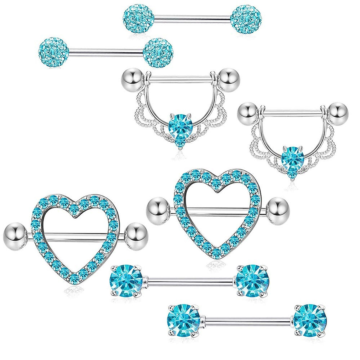 IrbingNii Nipple Rings Blue Heart Nipple Piercings Tongue Ring Body Piercing Jewelry for Women 14G Stainless Steel 4 Pairs/lot