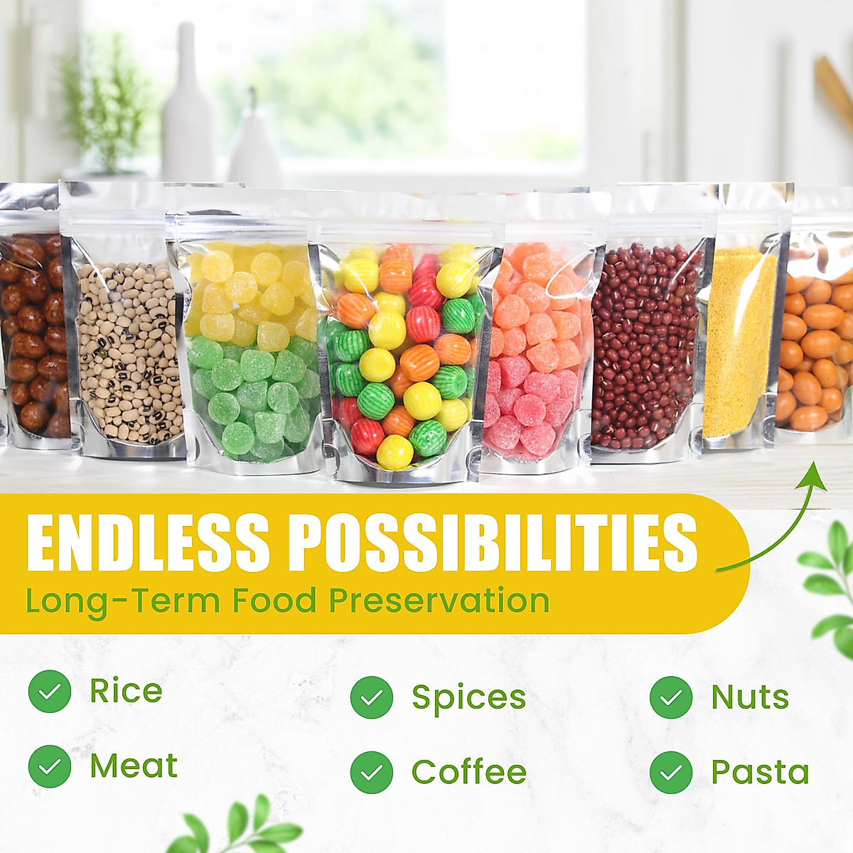 Pack of 100 Mylar Bags, Resealable Mylar Bags for Food Storage