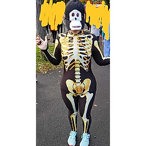 uideazone Halloween Costume for Women Golden Skeleton Skull Cosplay Jumpsuit Bodysuit Long Sleeve Skinny Outfits